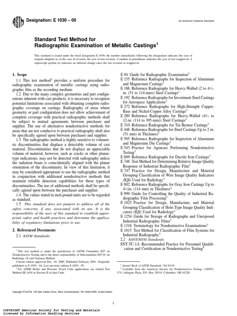 E1030-00 Examination of Metallic Castings-Radiography PDF | PDF ...