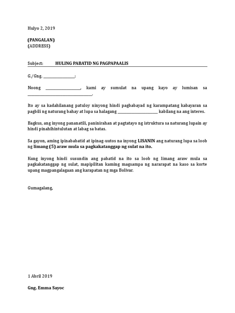 Notice To Vacate - Draft (Filipino) | PDF