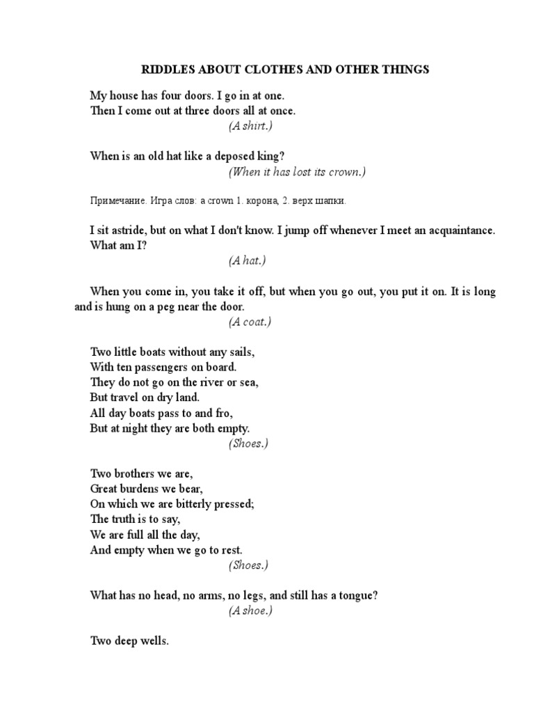 Riddles About Clothes and Other Things | PDF | Hand | Nature