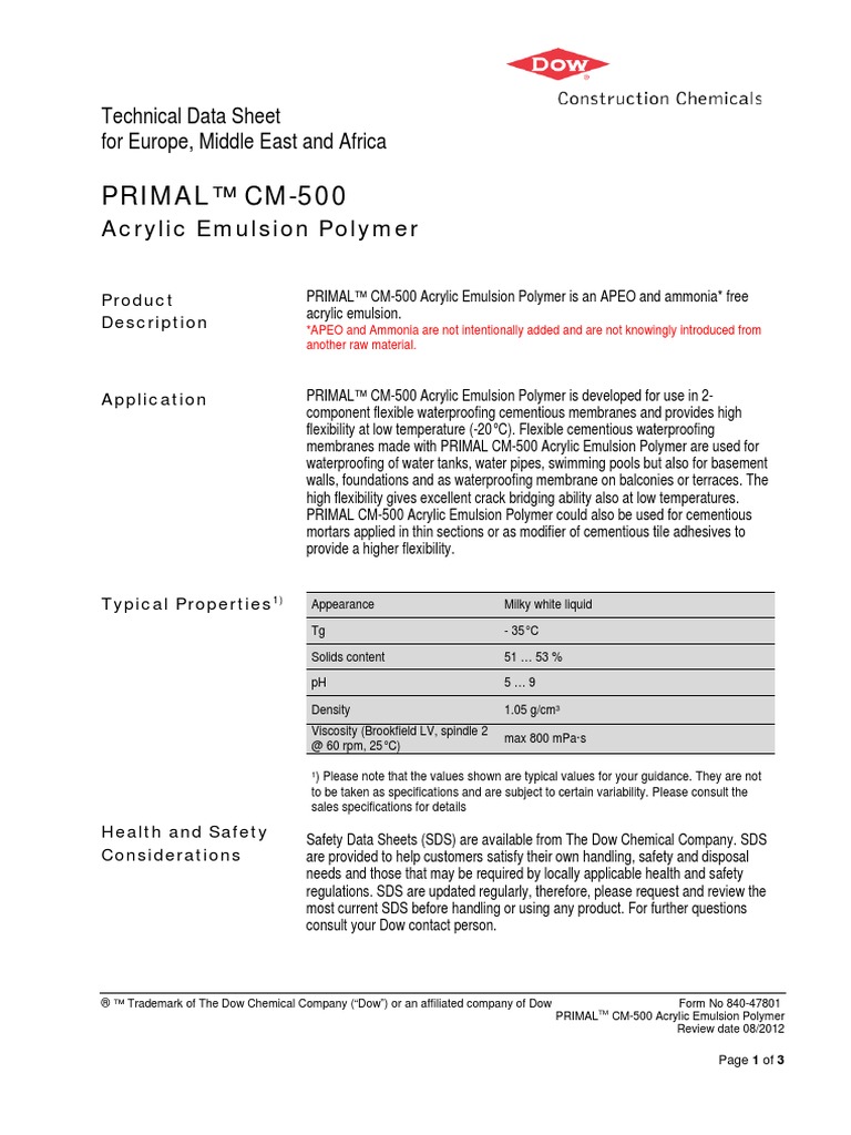 Primal Cm500 Acrylic Emulsion Polymer Tds | PDF | Dow Chemical Company ...