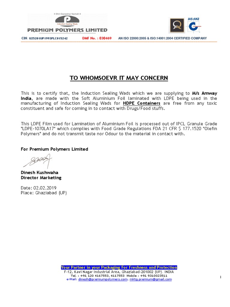 Food Grade Certificate (2019) PDF | PDF | Business | Finance & Money ...