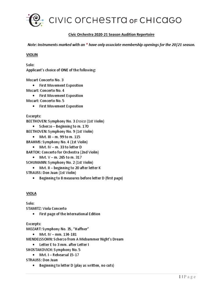 Civic Orchestra of Chicago Audition Repertoire 2020 2021 Season Updated ...