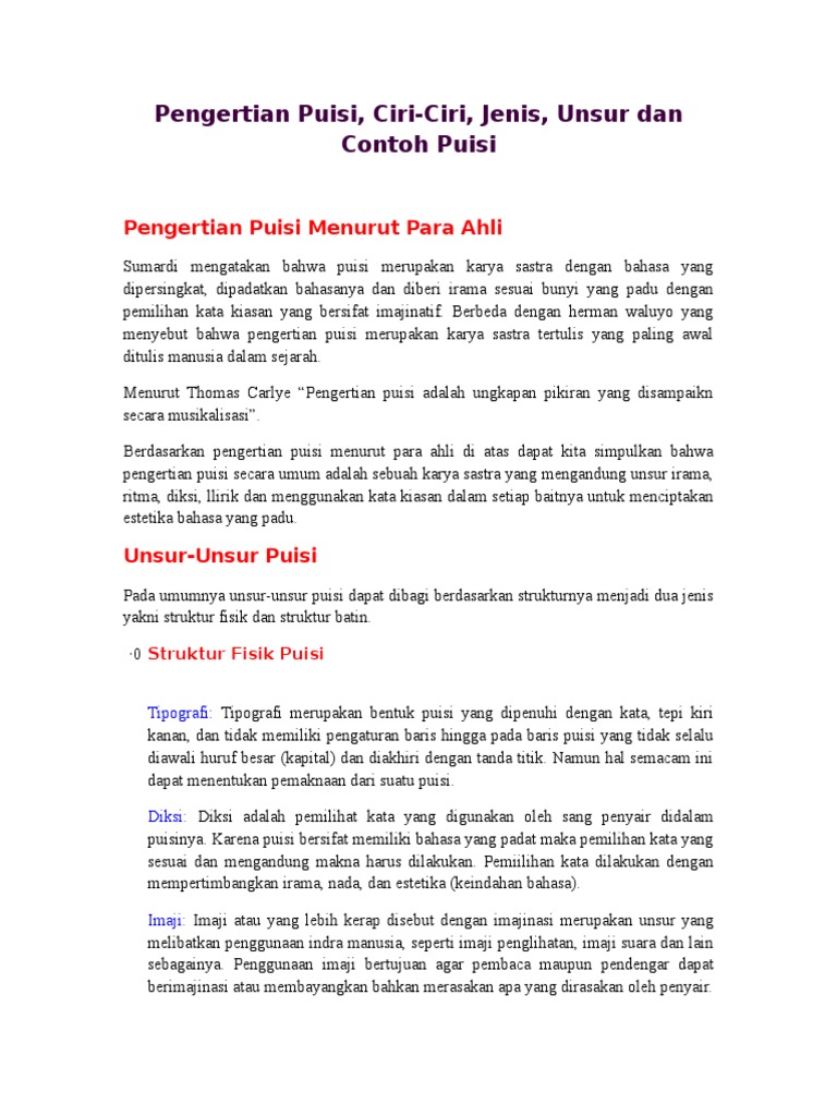 Pengertian, Ciri, Struktur Dan Contoh Puisi | PDF