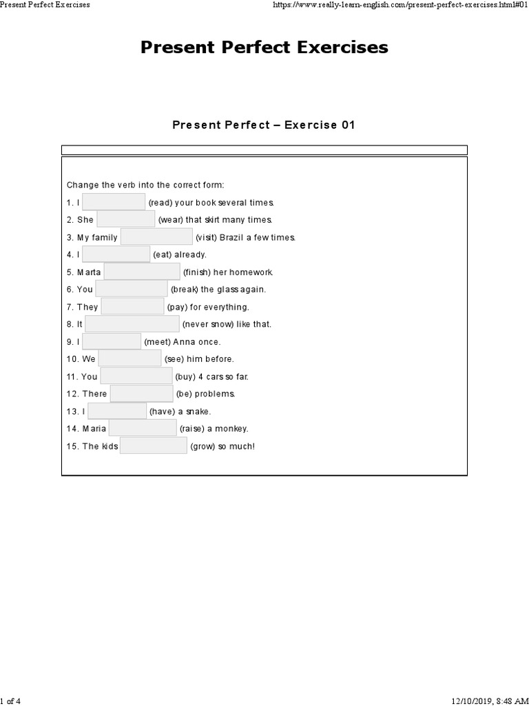 Present Perfect Exercises | PDF