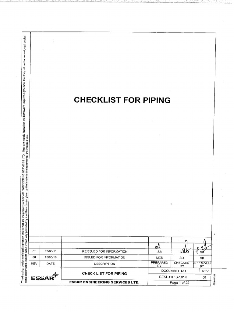 Check List Piping - Eesl - Pip.sp.014 | PDF | Pipe (Fluid Conveyance ...