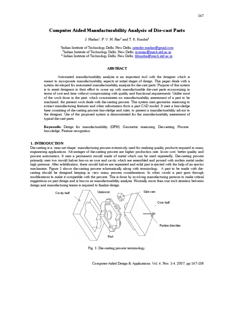 Computer Aided Manufacturability Analysis of Die-Cast Parts: Pvmrao@mech - Iitd.ac - in Tkkundra ...