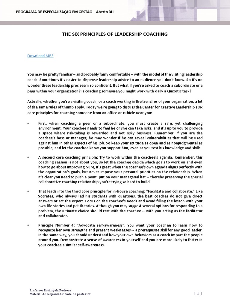 The Six Principles of Leadership Coaching - PD | PDF | Self Awareness ...