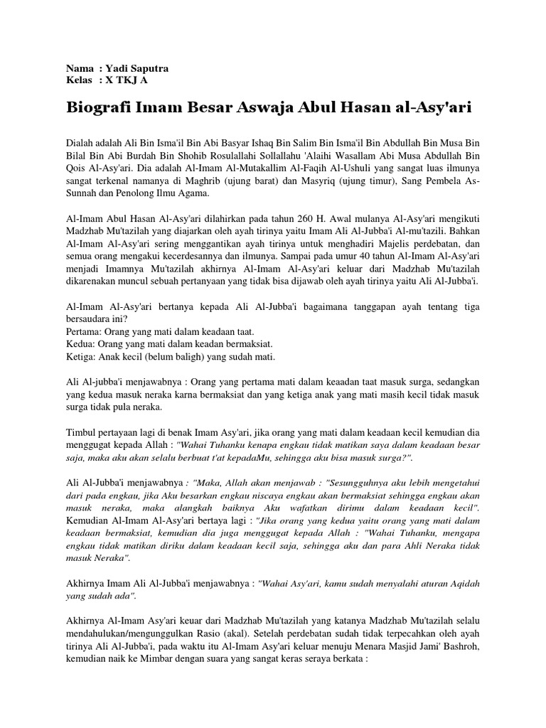 Biografi Imam Besar Aswaja Abul Hasan Al-Asy'Ari | PDF