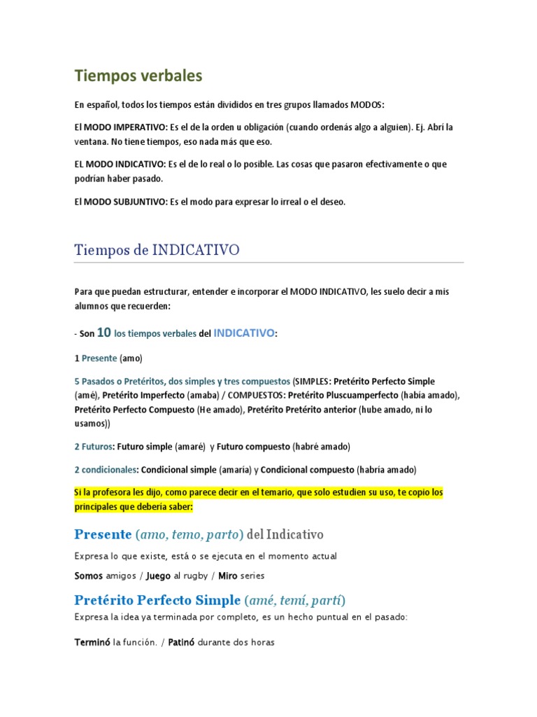 Tiempos Verbales en Español - Explicación | PDF | Mecánica del lenguaje ...