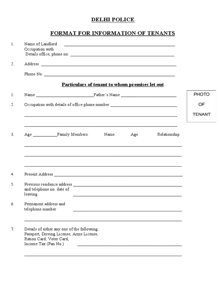 Delhi Police Tenant Information Form | PDF | Landlord | Government