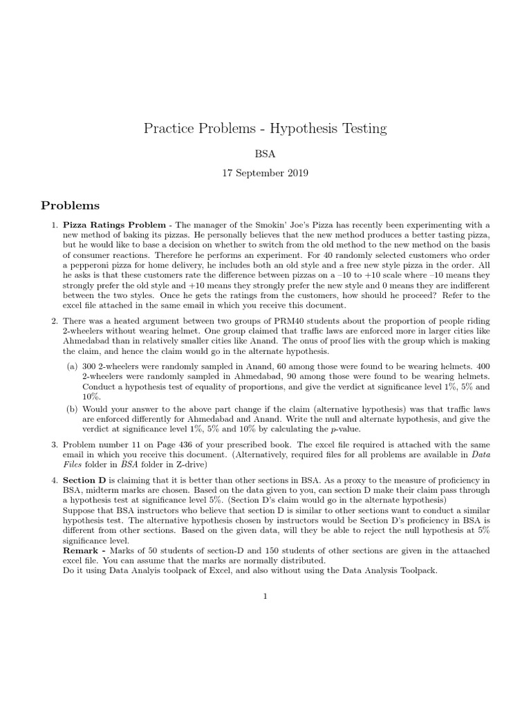 Hypothesis Testing Practice Problems | PDF | Statistical Significance ...