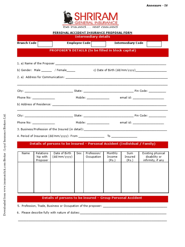 Shriram Personal Accident Insurance Proposal Form | PDF | Insurance ...