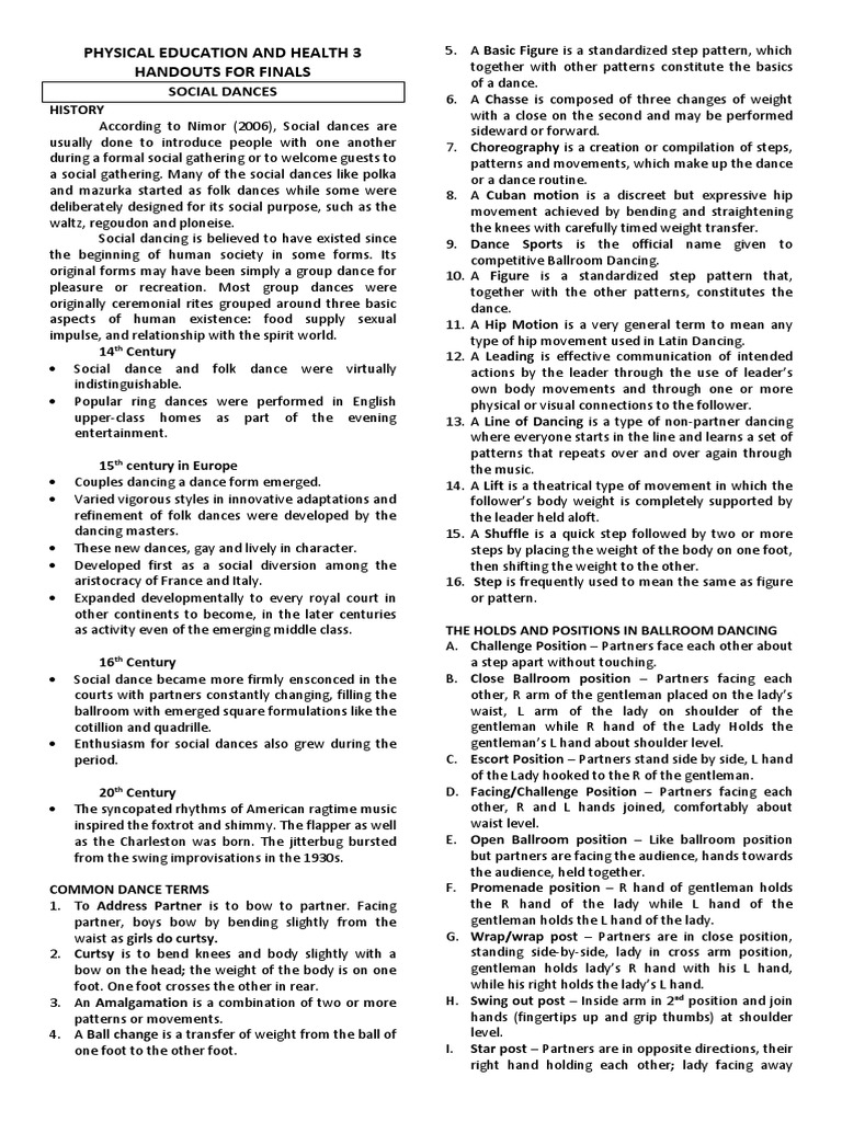 PE 3 Handouts Finals | PDF | Dances | Ballroom Dance