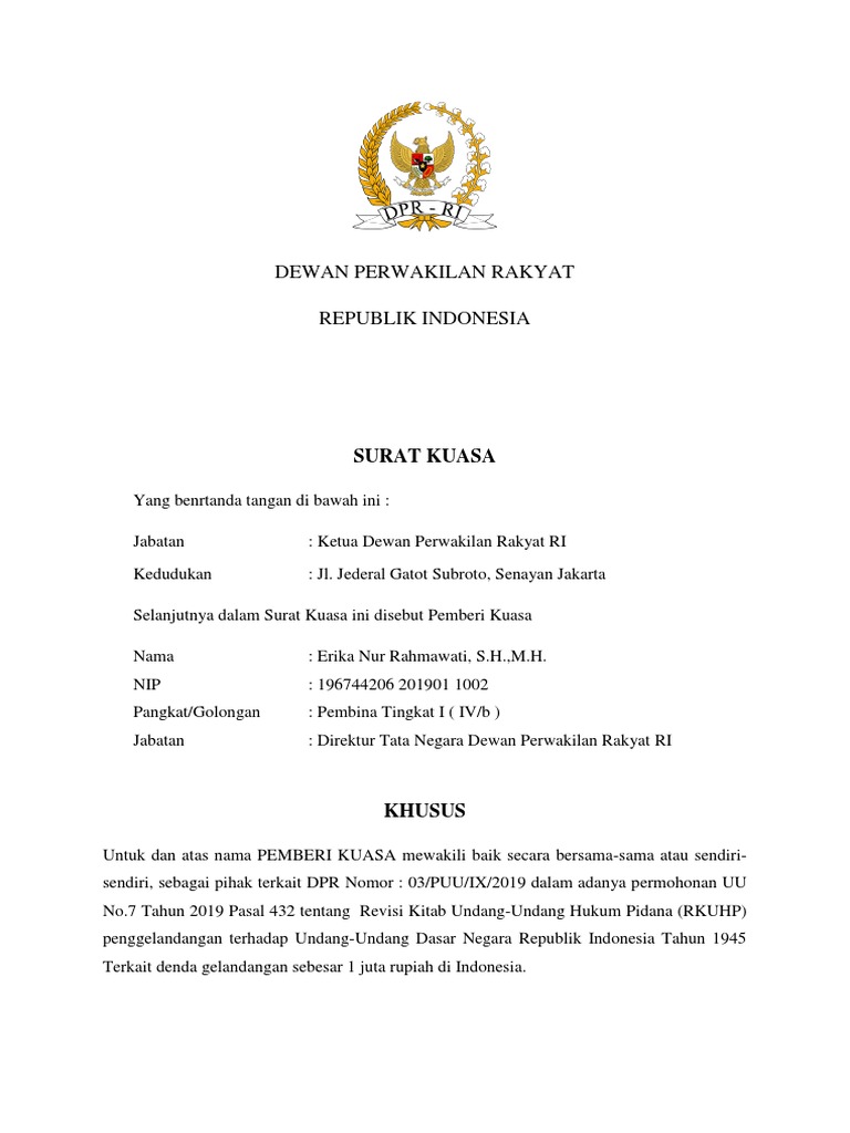 Surat Kuasa DPR untuk RKUHP | PDF