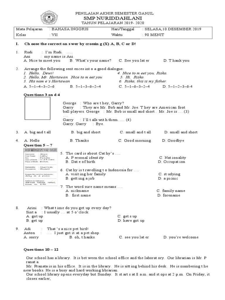 SOAL Bahasa Inggris Kelas 7 SMP | PDF | Birds | Symbols