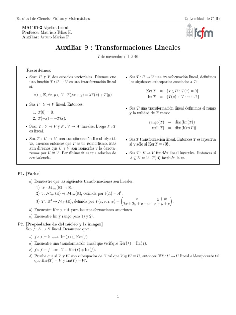 Auxiliar 9 Transformaciones Lineales | PDF | Mapa lineal | Álgebra