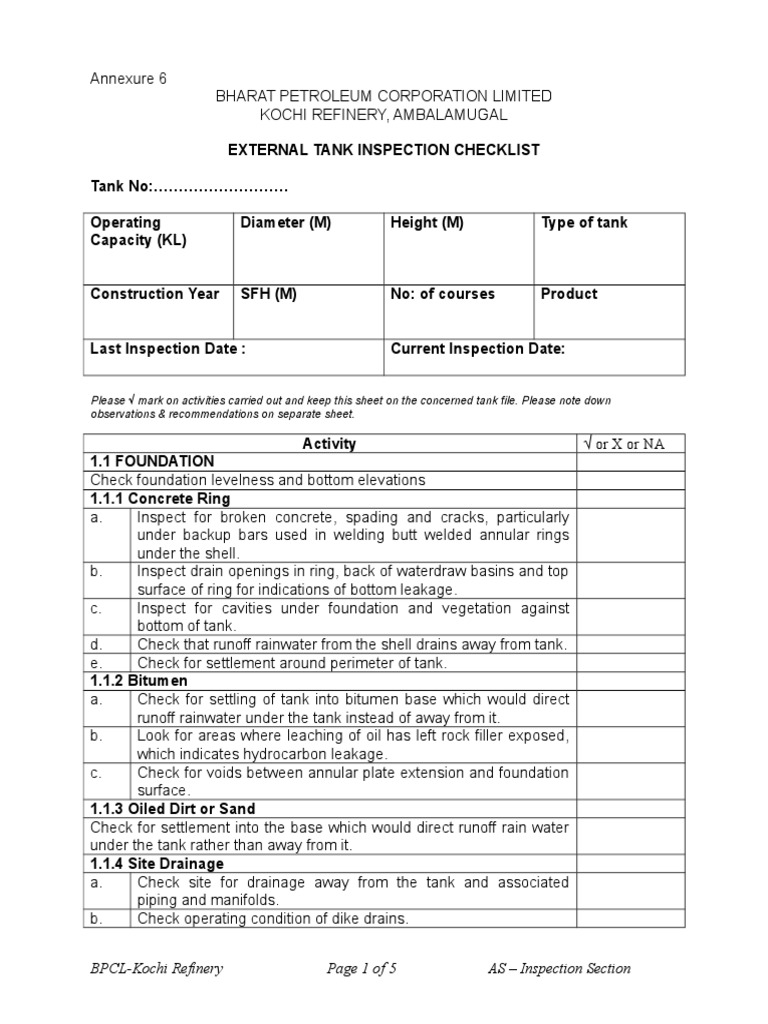 Annexure 3 External Inspection Checklist | PDF | Corrosion | Pipe ...
