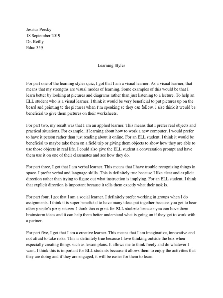 Learning Styles Summary | PDF | Learning Styles | Lesson Plan