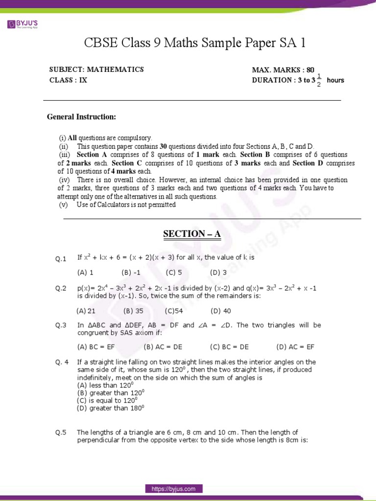 CBSE Class 9 Sample Paper For Maths SA 1 Set 1 | PDF | Rectangle | Triangle