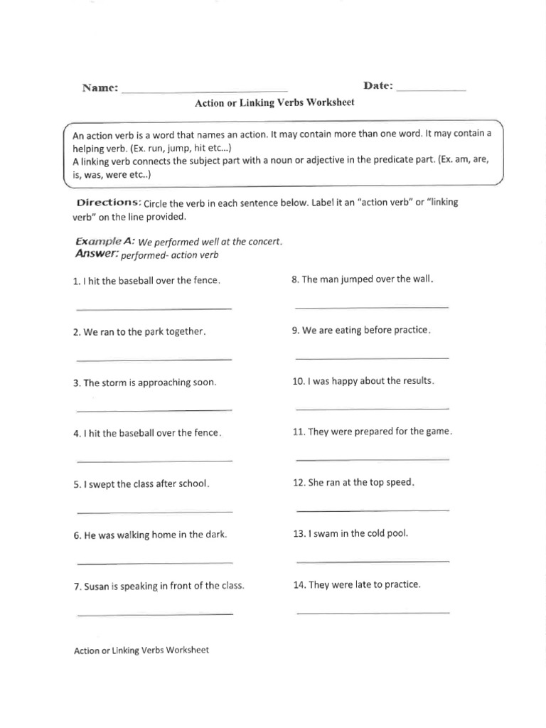 Action and Linking Verb Practice and Key | PDF