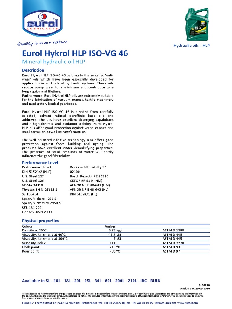 1021 Eurol Hykrol HLP Iso VG 46 | PDF | Viscosity | Materials