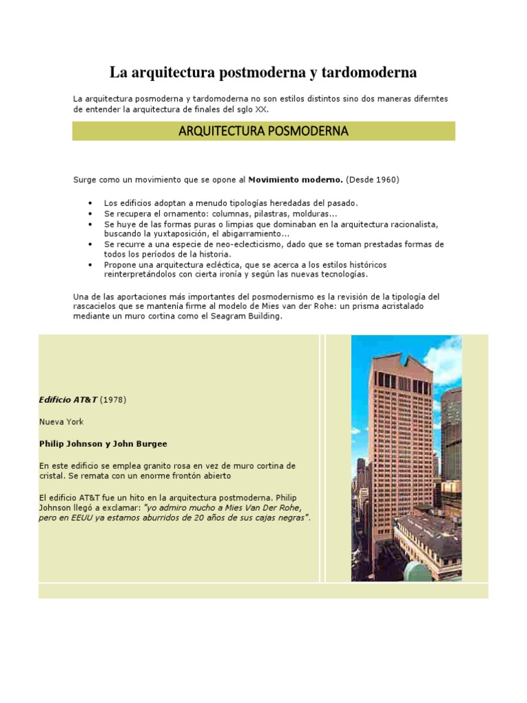 Postmoderno, Tardomoderno | PDF | Diseño arquitectonico | Arquitectura