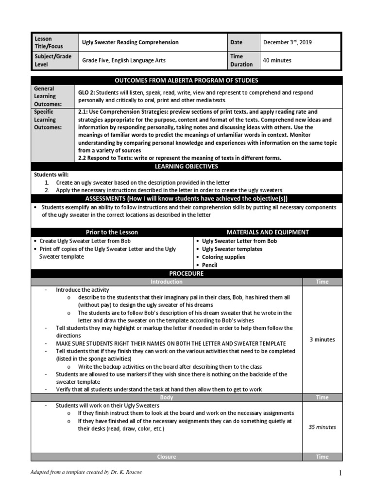 Ugly Sweater Reading Lesson Plan | PDF | Reading Comprehension | Learning
