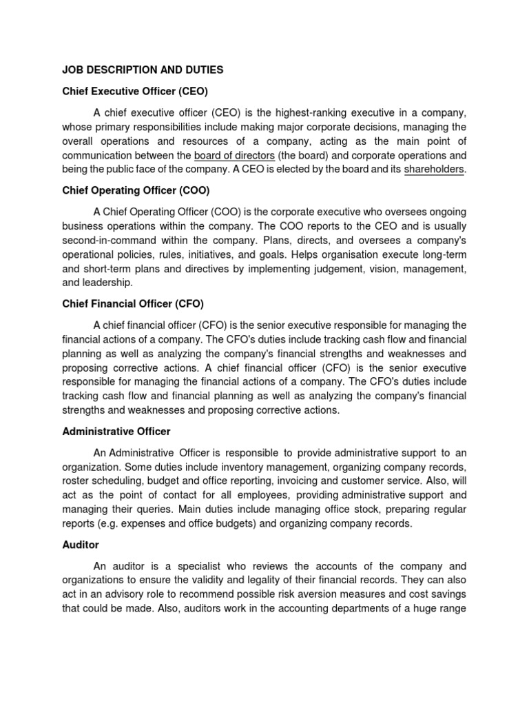 Job Description and Duties | PDF | Chief Operating Officer | Chief ...