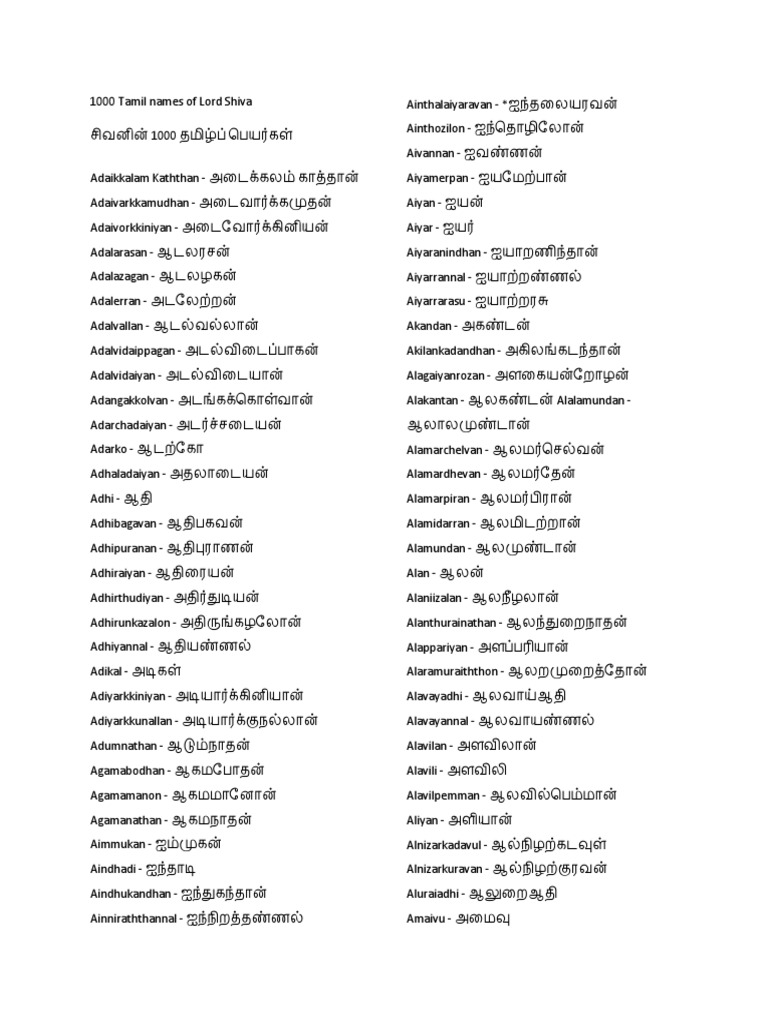 1000 Tamil Names of Lord Shiva | PDF | Wellness