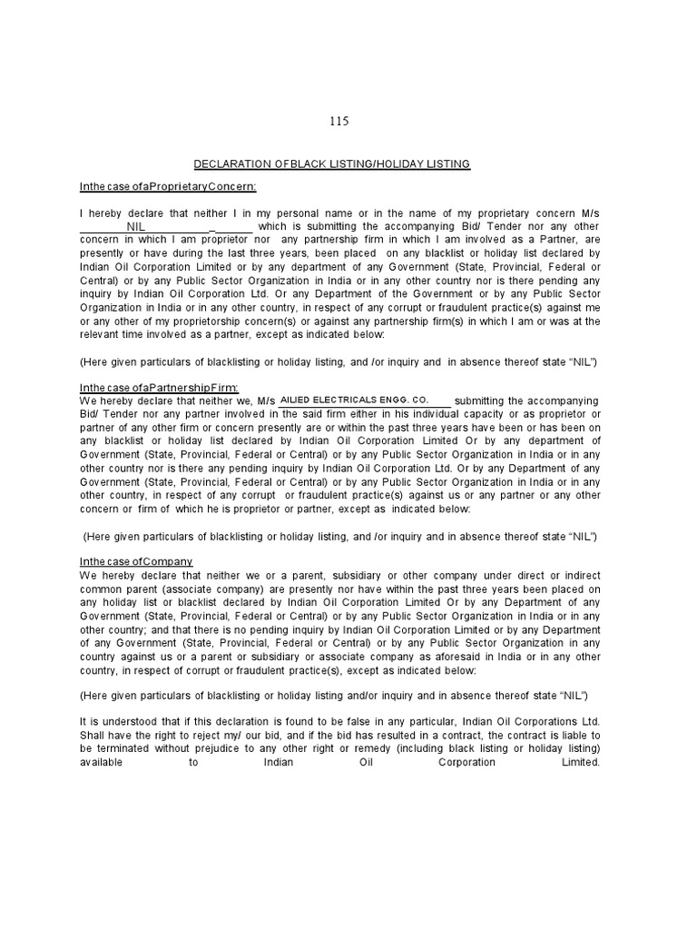 Blacklisting Declaration Format | PDF | Partnership | Business Law