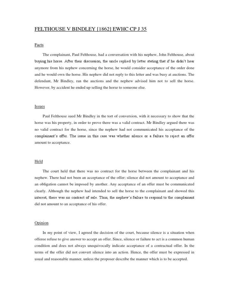Felthouse v Bindley: Silence Not Acceptance | PDF | Law