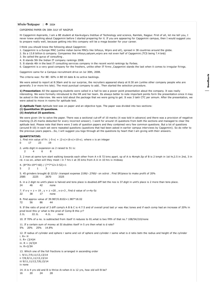 Capgemini Previous Year Paper 2018 PDF | PDF