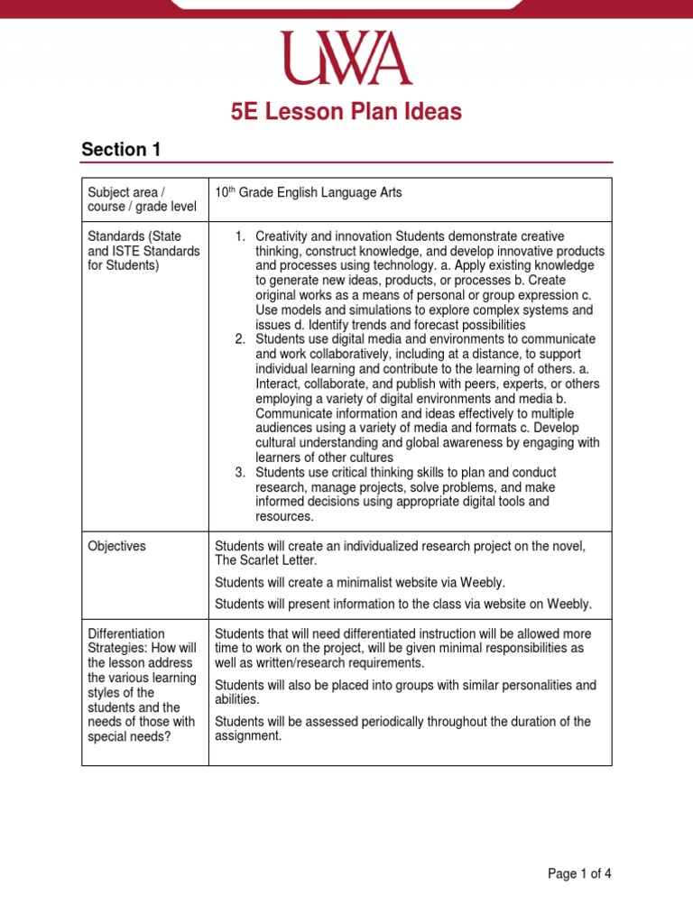 5E Lesson Plan for The Scarlet Letter | PDF | Teaching | Educational ...