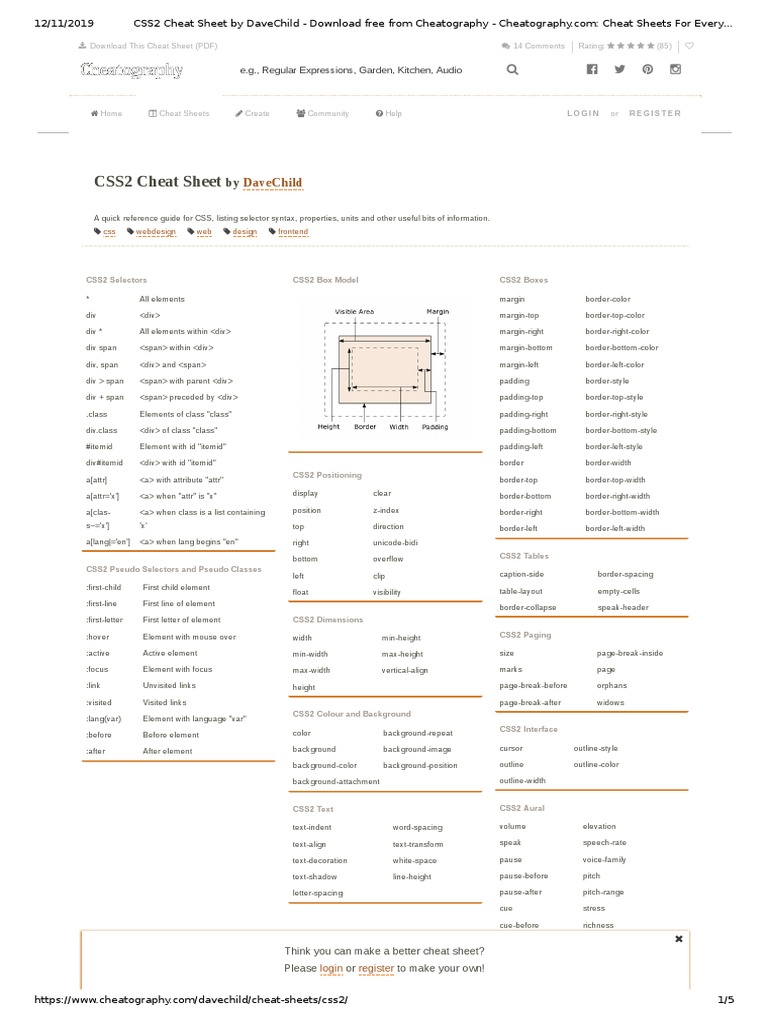 CSS2 Cheat Sheet by DaveChild - Download Free From Cheatography - Cheatography - Com - Cheat ...