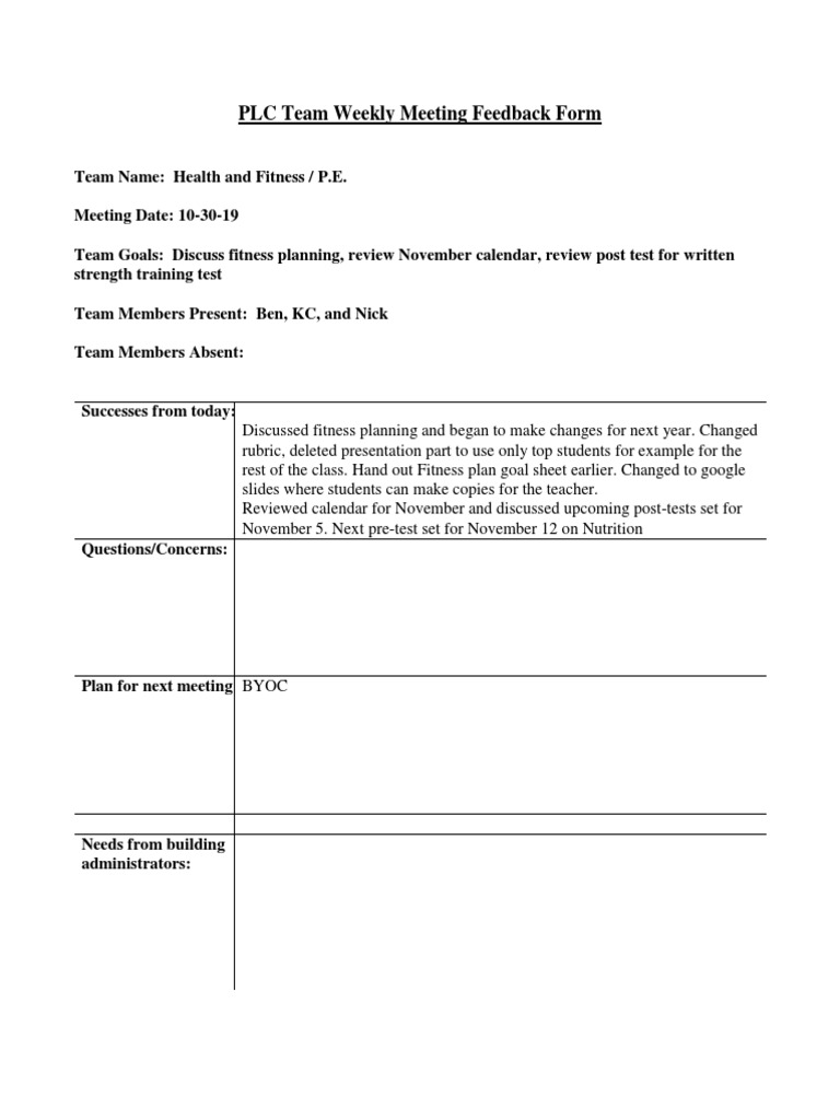 PLC Feedback Form 10-30-19 | PDF | Sports & Recreation