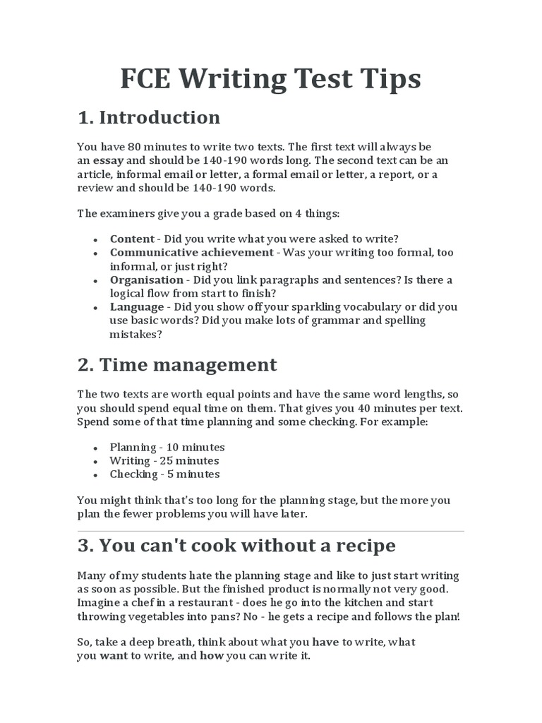 FCE Writing Test Tips | PDF | Essays | Phrase