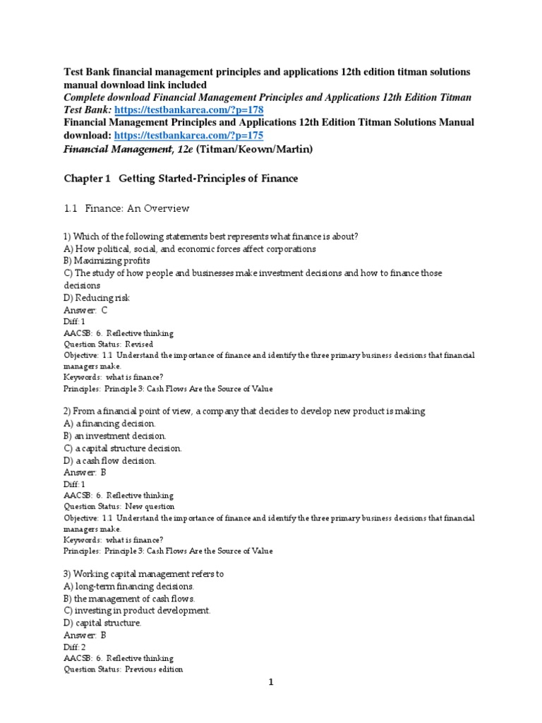 Financial Management Test Bank Chapter 1 | PDF | Partnership | Investing