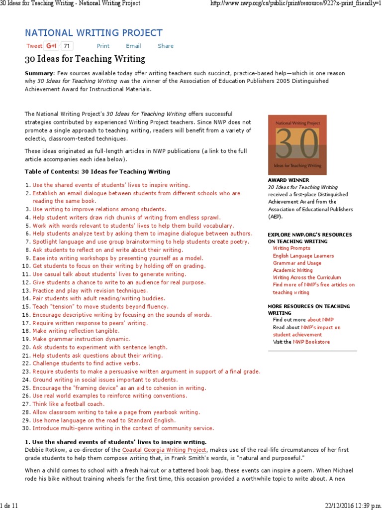 Activity 2 30 Ideas For Teaching Writing - National Writing Project ...