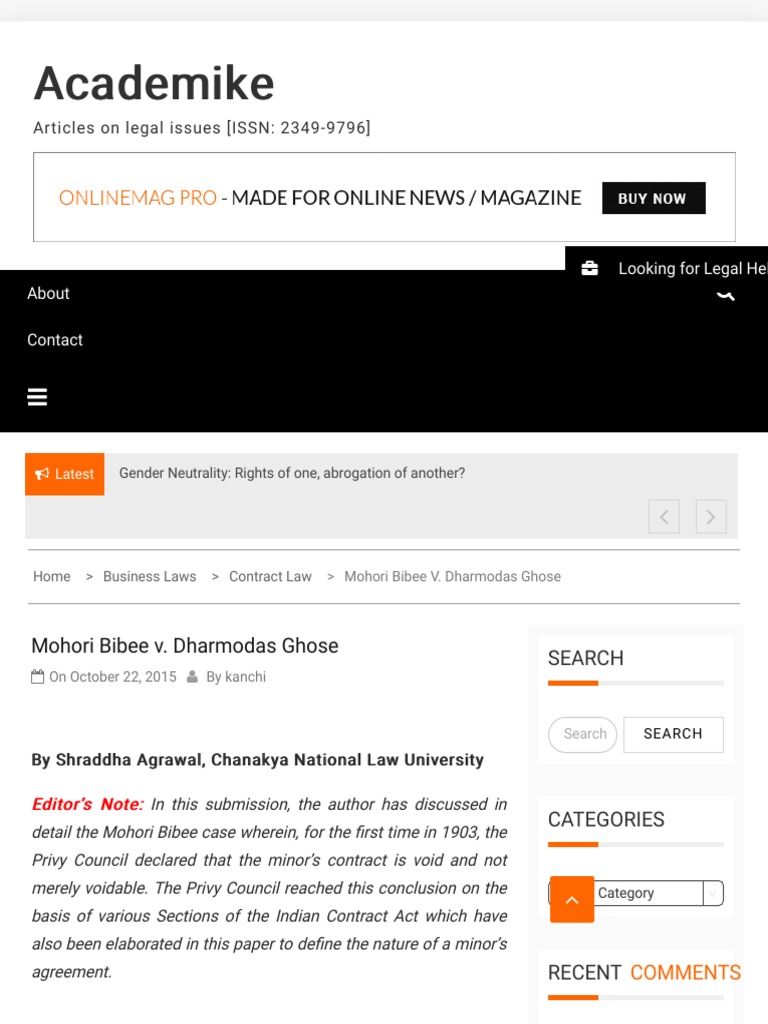 Mohori Bibee v. Dharmodas Ghose - Academike | PDF | Offer And ...