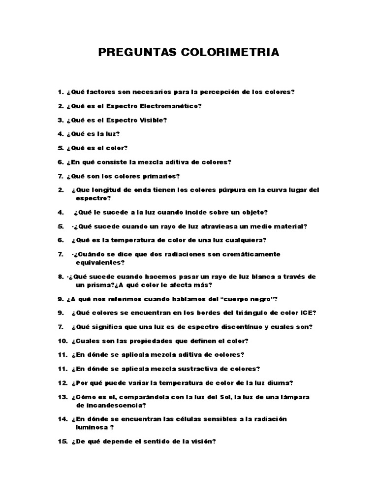 Preguntas básicas de colorimetría. | PDF | Color | Radiación