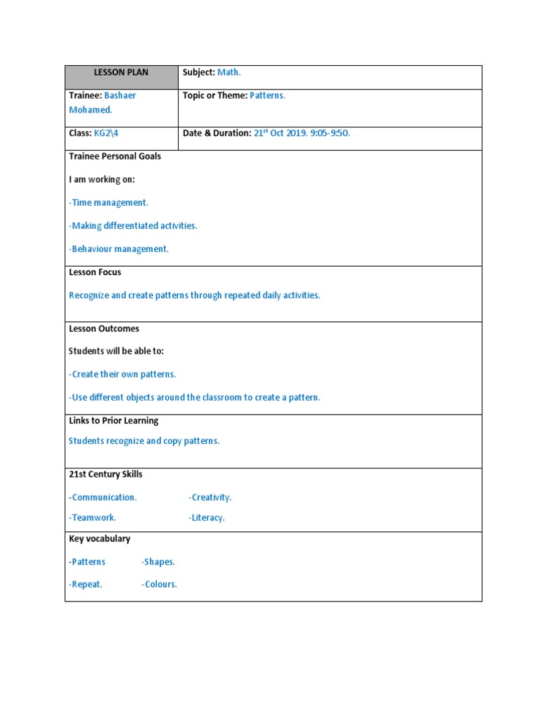 Patterns Lesson Plan PDF | PDF | Lesson Plan | Classroom