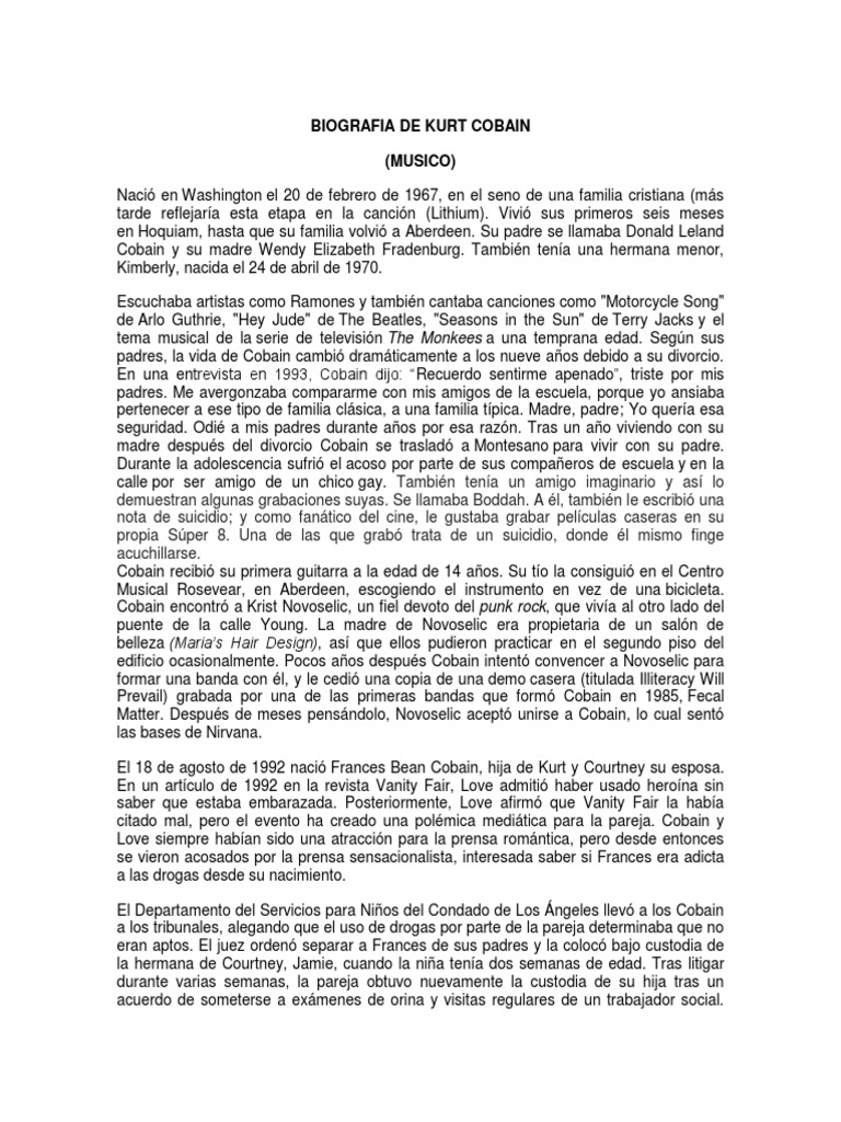Biografia de Kurt Cobain | PDF | Kurt Cobain | Salud y bienestar