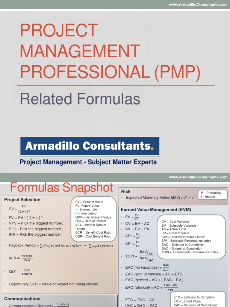 Project Management Professional PMP Formulas | PDF | Analysis | Business