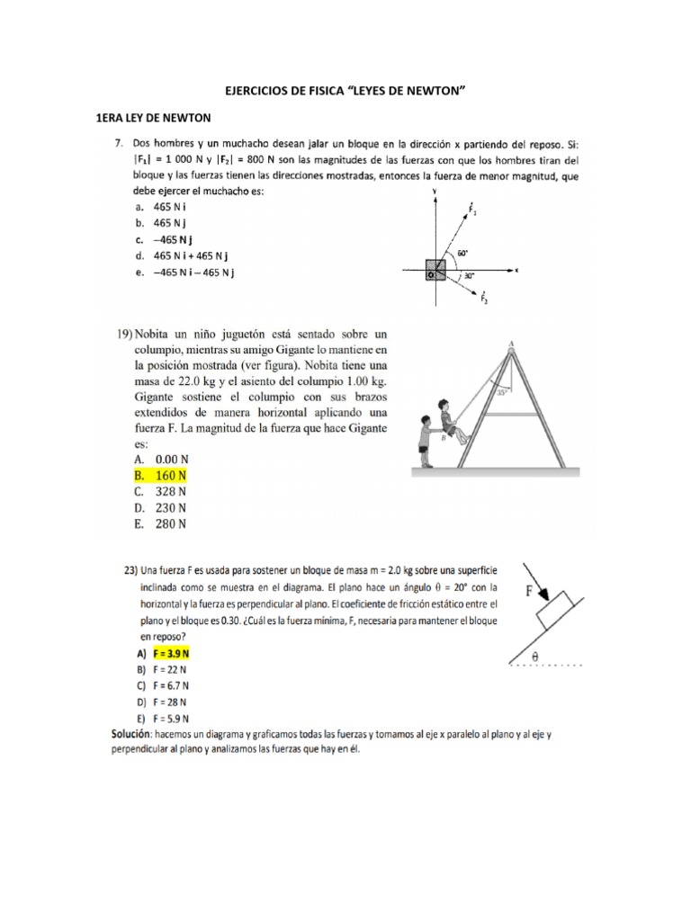Hoja De Trabajo Sobre La Segunda Ley De Newton