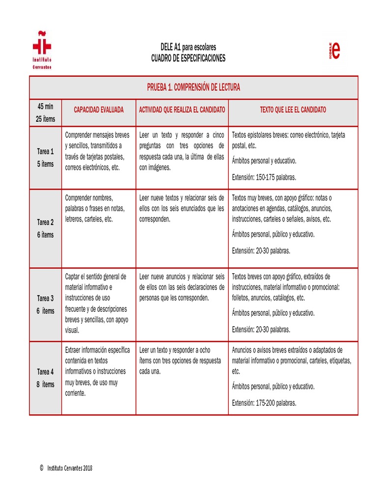 Especificaciones Examen DELE A1 para Escolares | PDF | Información ...