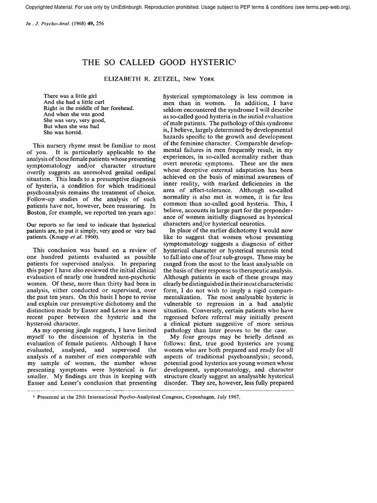Zetzel - The Good Hysteric | PDF | Oedipus Complex | Indemnity