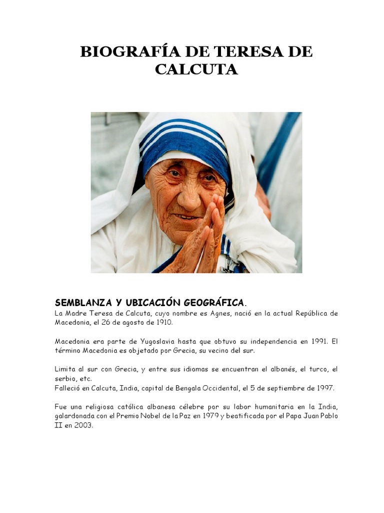 Biografía de Teresa de Calcuta | PDF | Madre Teresa | Iglesia Católica