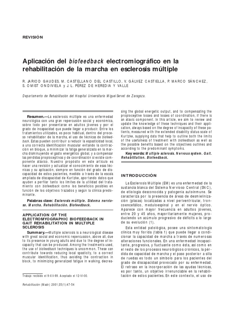 Aplicación Del Biofeedback Electromiográfico en La Rehabilitación de La Marcha en Esclerosis ...