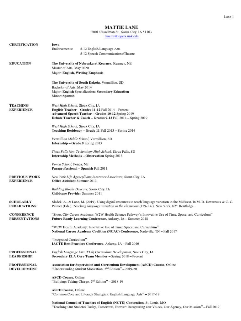 Lane CV | Download Free PDF | Curriculum | Teachers