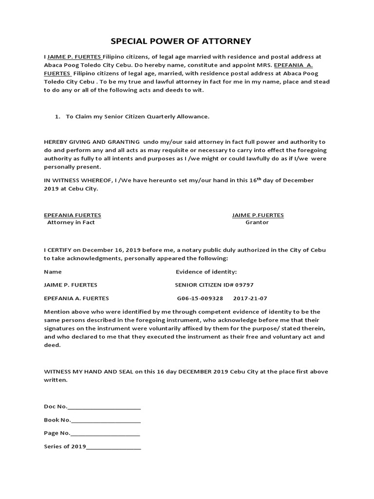 SPECIAL POWER OF ATTORNEY Senior Citizen | PDF